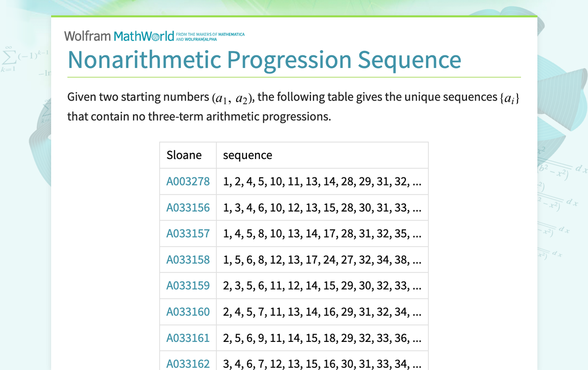 Nonarithmetic Progression Sequence From Wolfram Mathworld