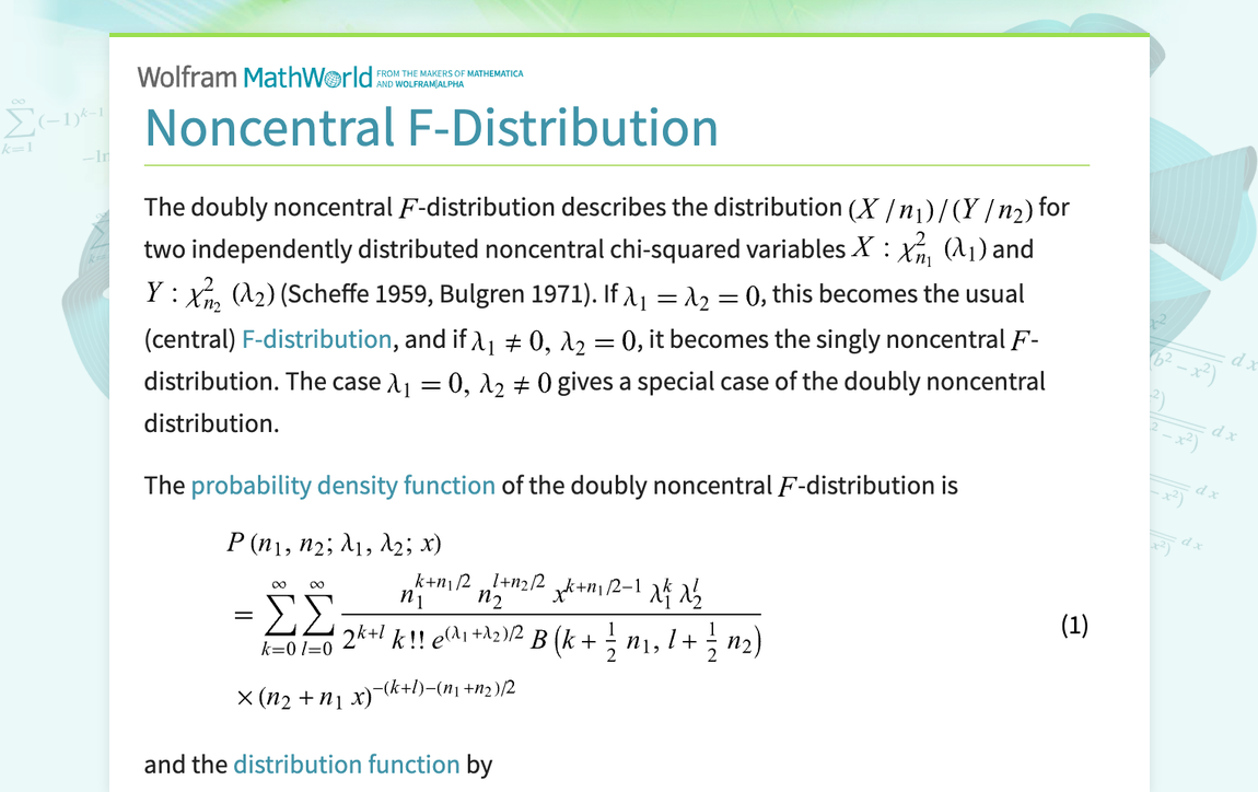Noncentral F-Distribution -- from Wolfram MathWorld