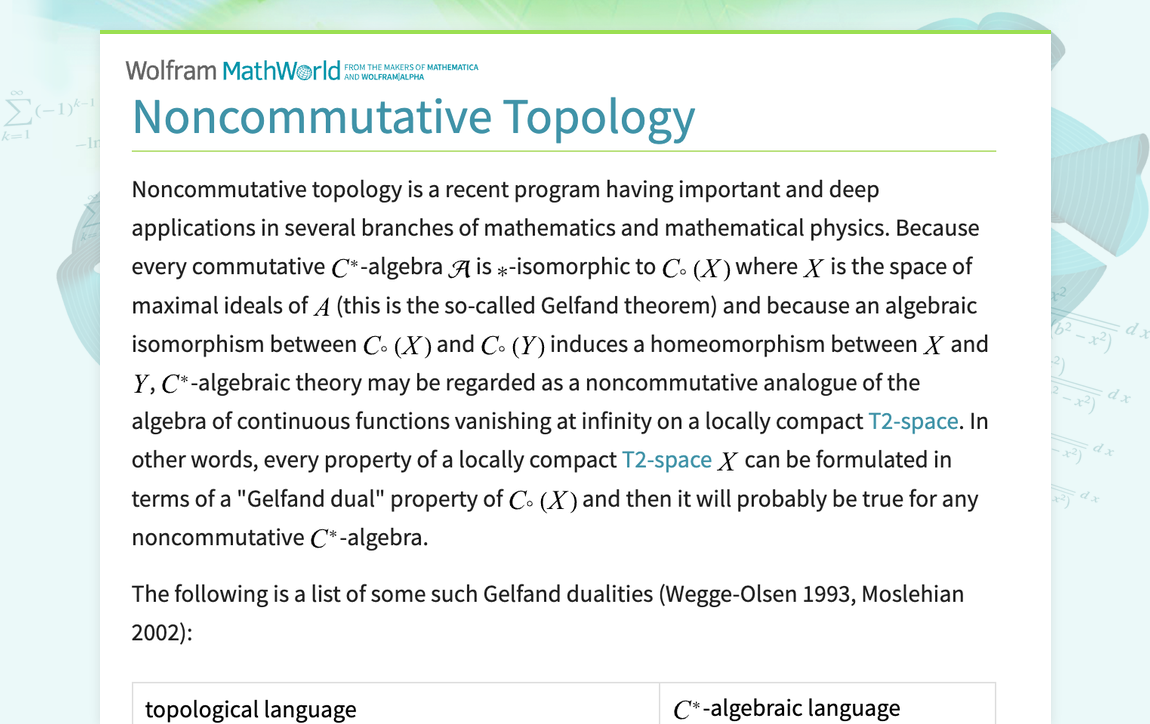 Noncommutative Topology -- from Wolfram MathWorld