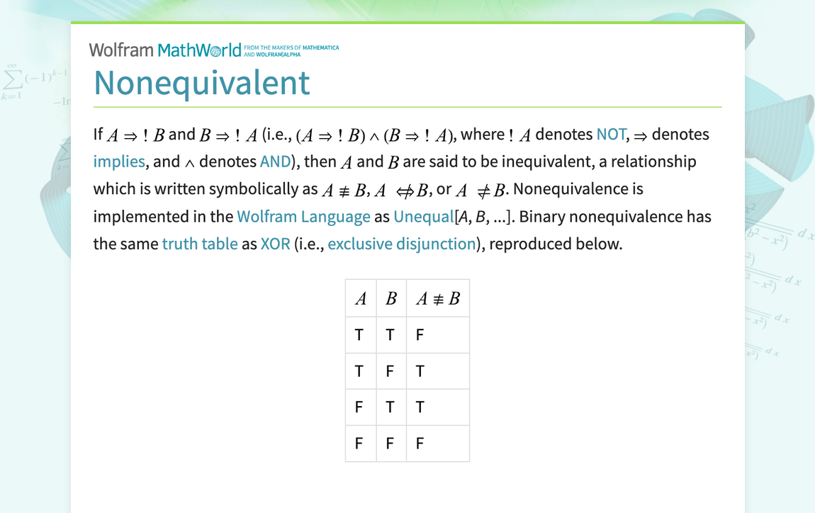 Nonequivalent -- from Wolfram MathWorld