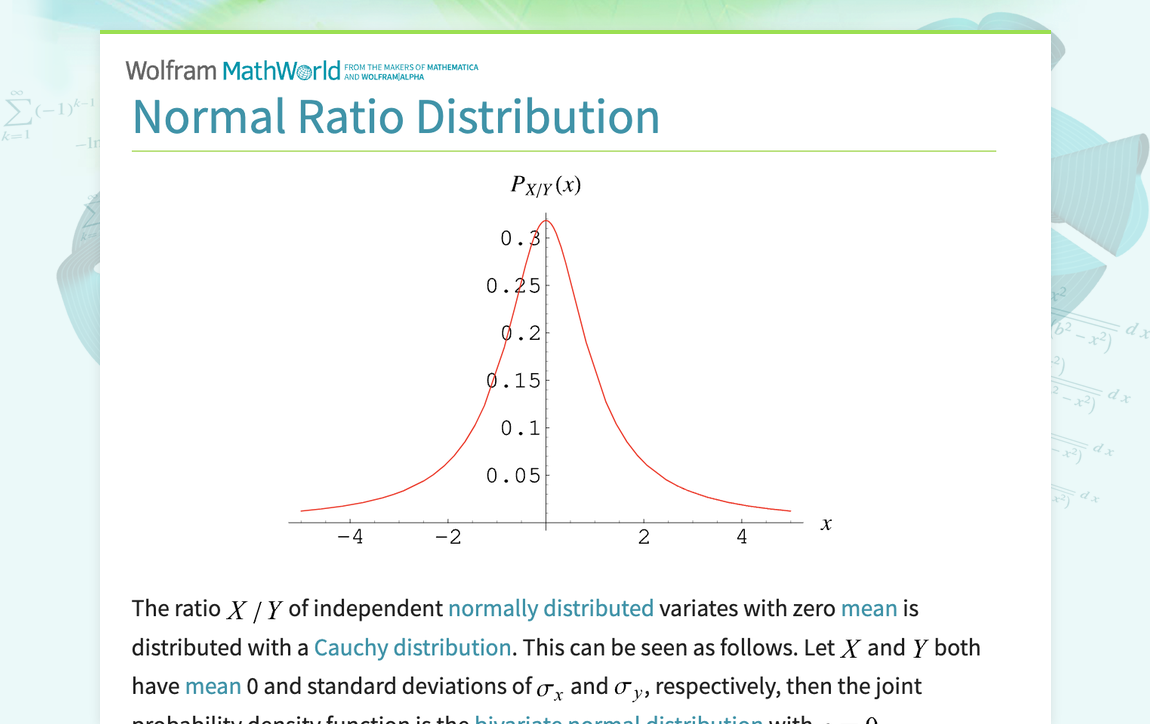 Normal Ratio Distribution From Wolfram Mathworld