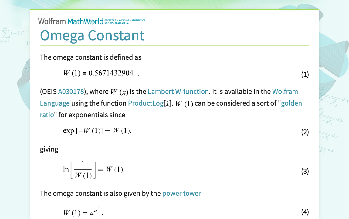 Omega Constant -- from Wolfram MathWorld