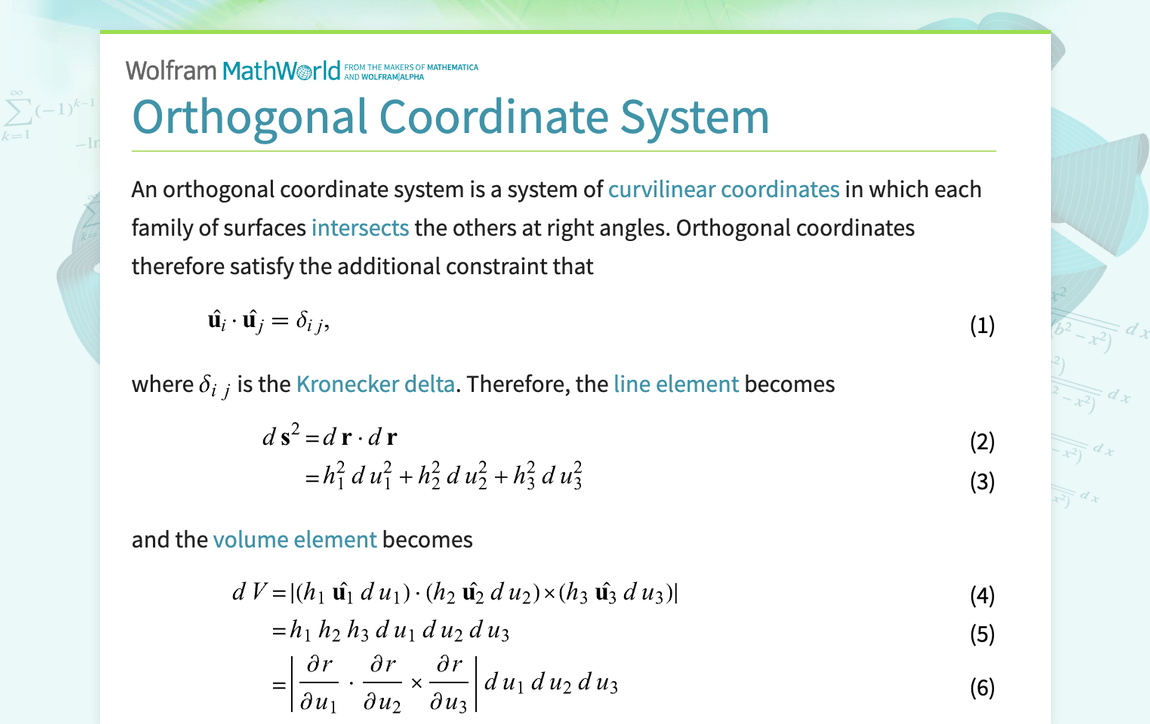 Orthogonal Coordinate System From Wolfram Mathworld