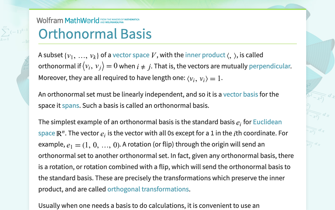 Orthonormal Basis from Wolfram MathWorld
