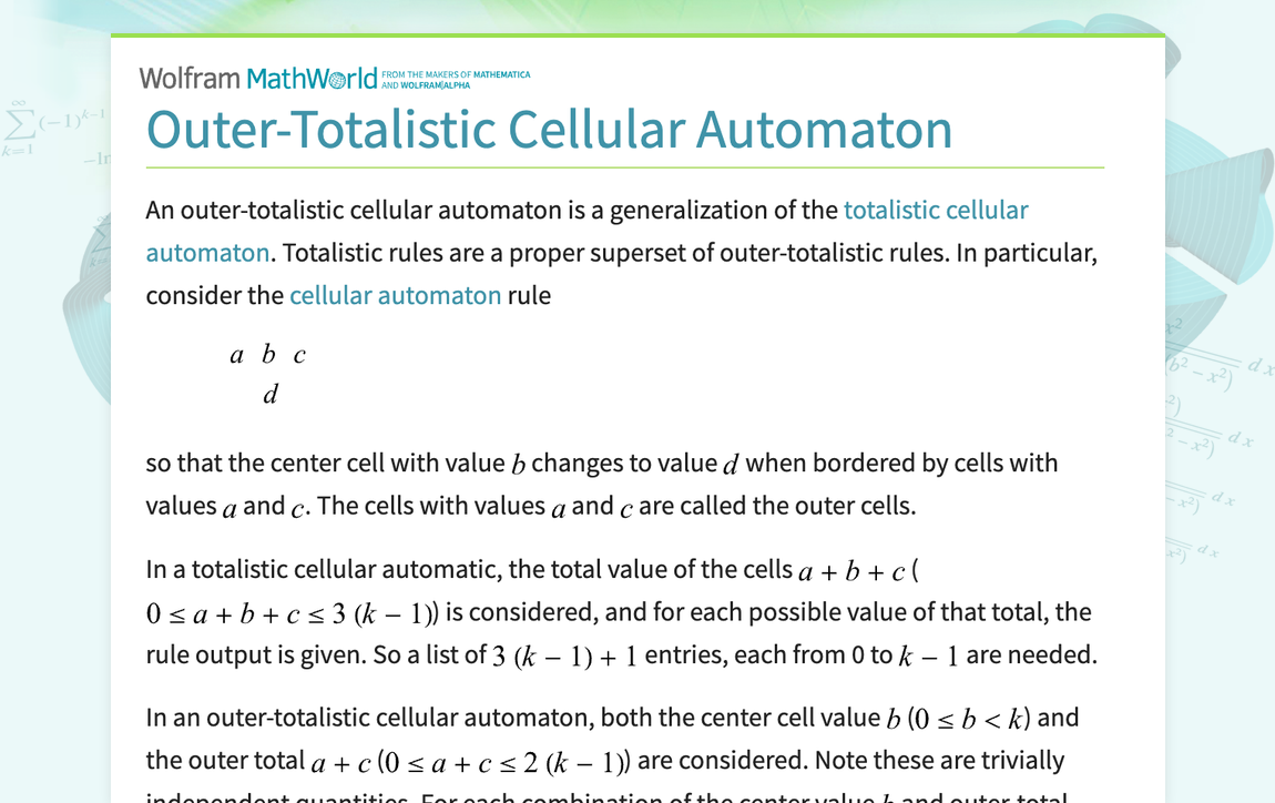 Outer-Totalistic Cellular Automaton -- from Wolfram MathWorld Outer-Totalistic Cellular Automaton -- from Wolfram MathWorld