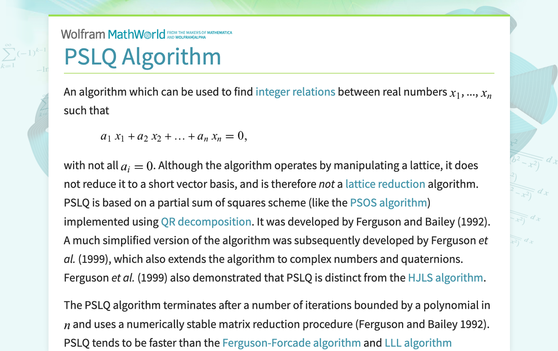 PSLQ Algorithm -- from Wolfram MathWorld