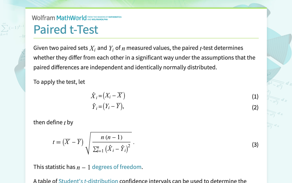 Paired t-Test -- from Wolfram MathWorld