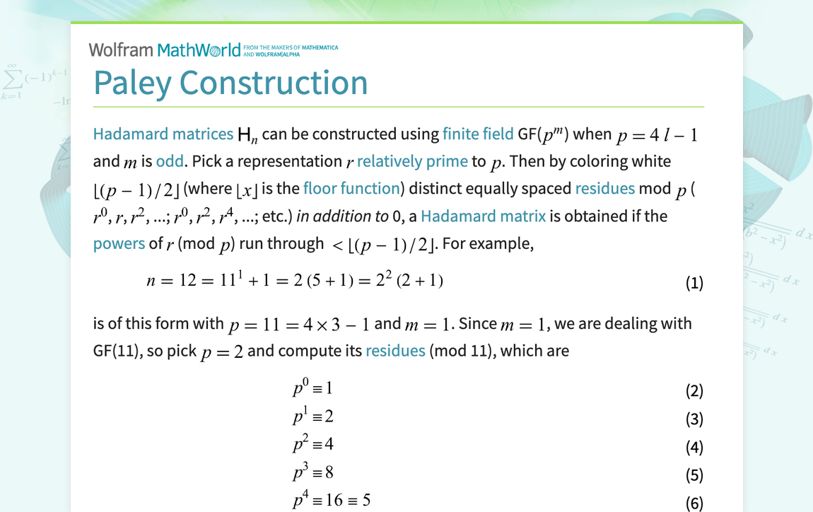 Paley Construction -- from Wolfram MathWorld