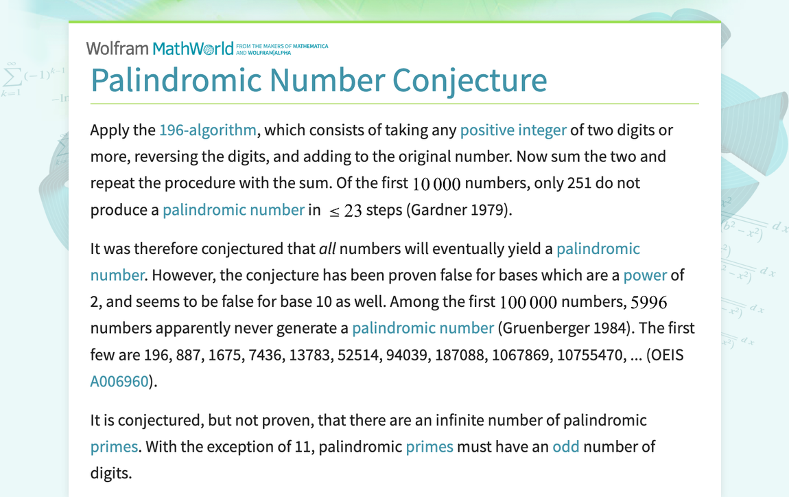 Palindromic Number Conjecture -- from Wolfram MathWorld