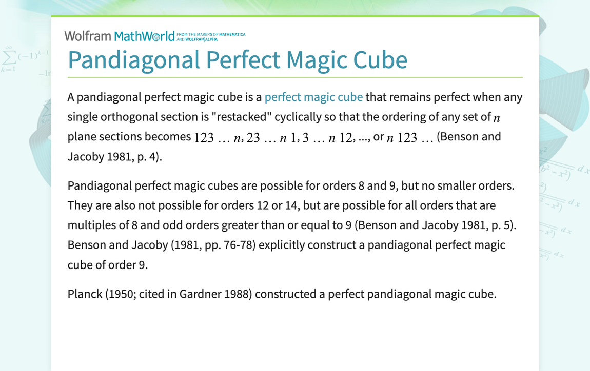 Pandiagonal Perfect Magic Cube -- from Wolfram MathWorld