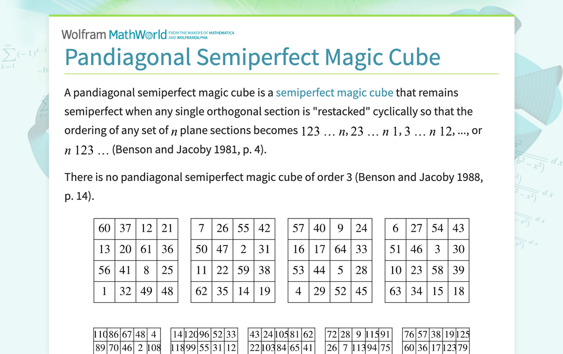 Pandiagonal Semiperfect Magic Cube -- from Wolfram MathWorld