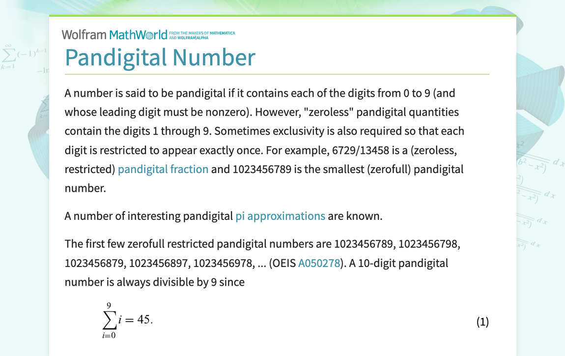 Pandigital Number -- from Wolfram MathWorld