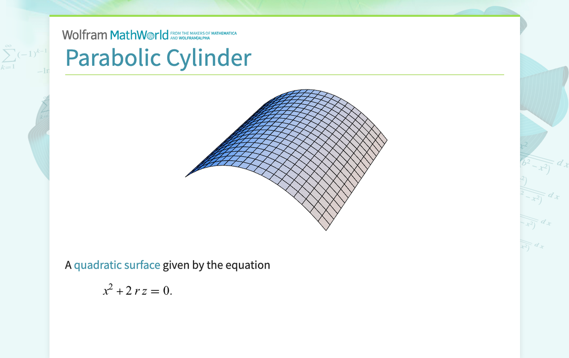 Parabolic Cylinder Wolfram Parabolic Cylinder Function - From Wolfram
