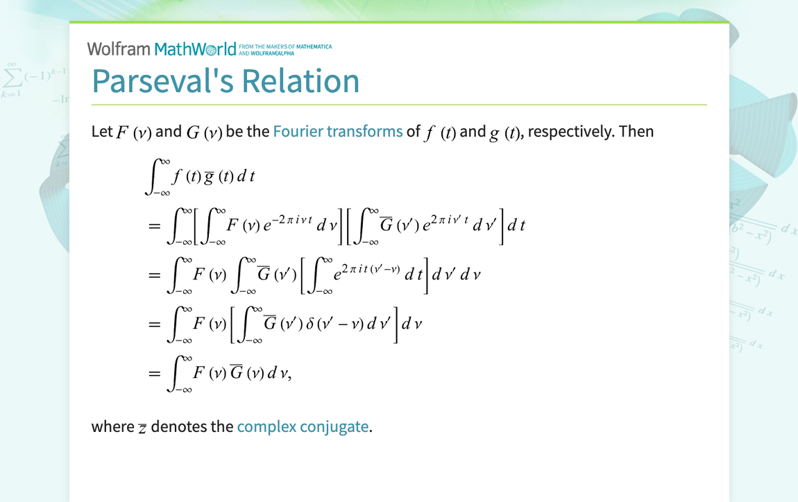 Parseval's Relation -- from Wolfram MathWorld