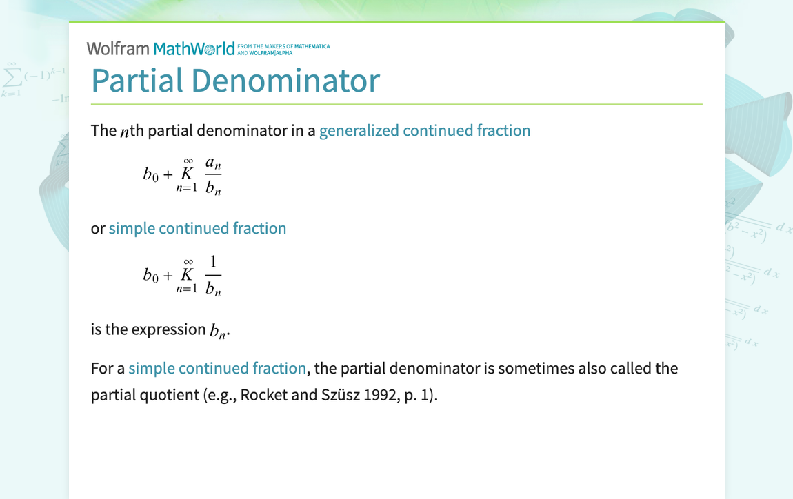 Partial Denominator -- from Wolfram MathWorld