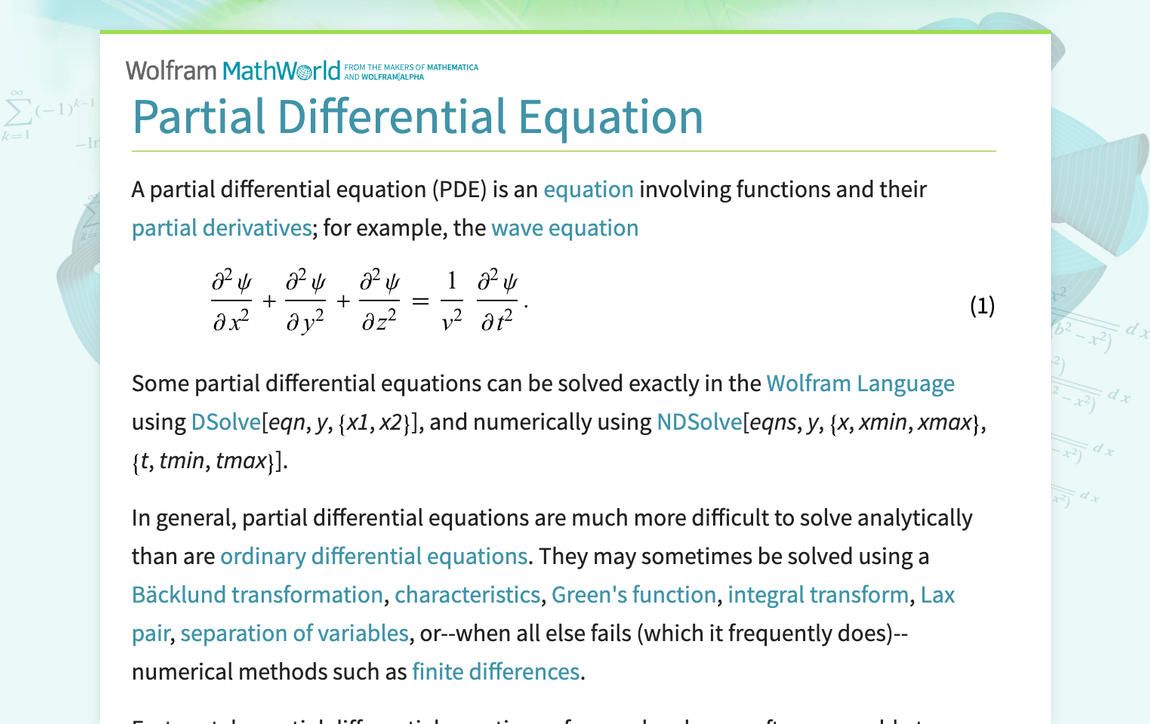 Partial Differential Equation -- from Wolfram MathWorld Partial Differential Equation -- from Wolfram MathWorld