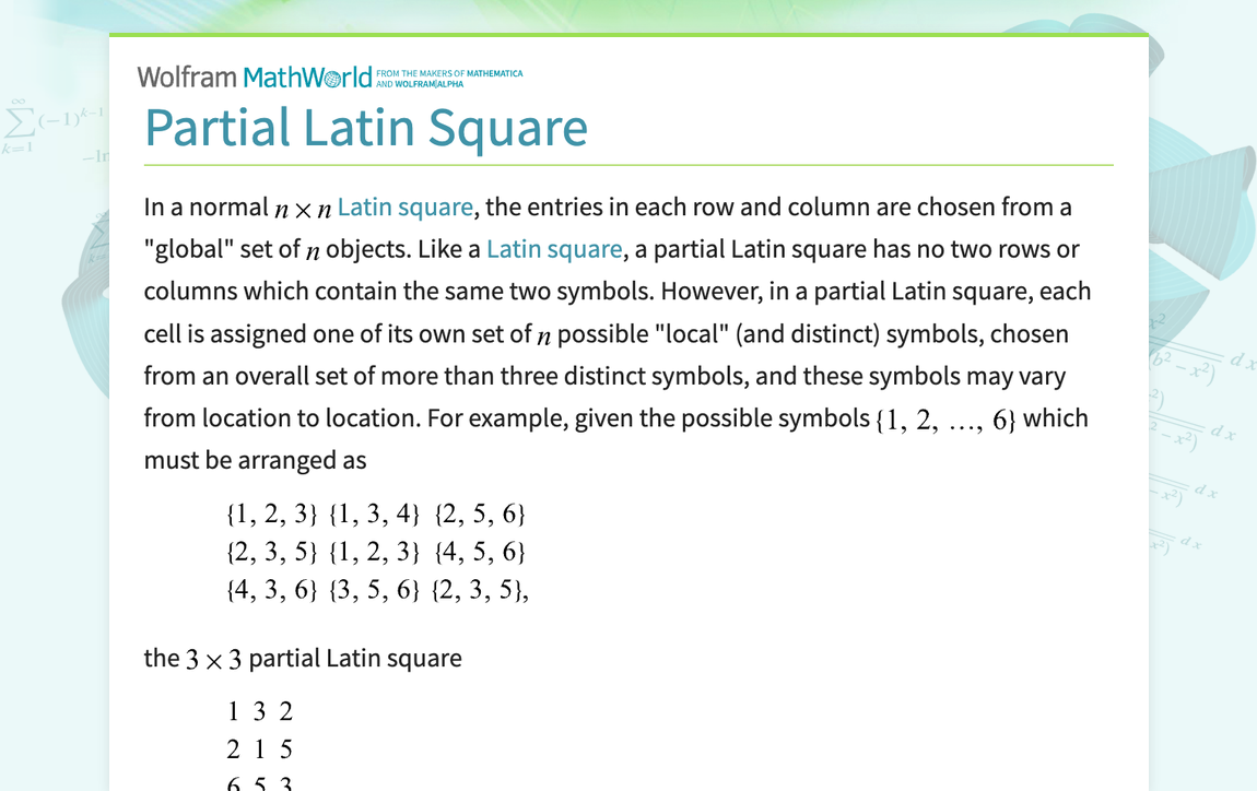 Partial Latin Square -- from Wolfram MathWorld