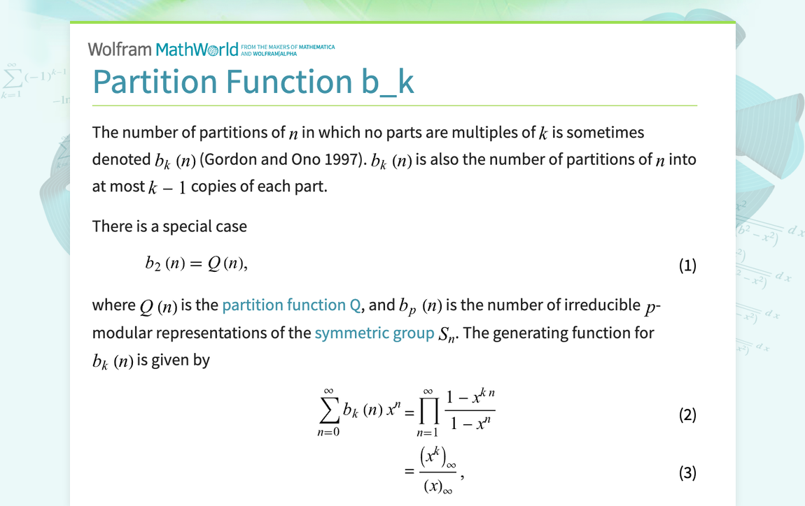Partition Function b_k -- from Wolfram MathWorld