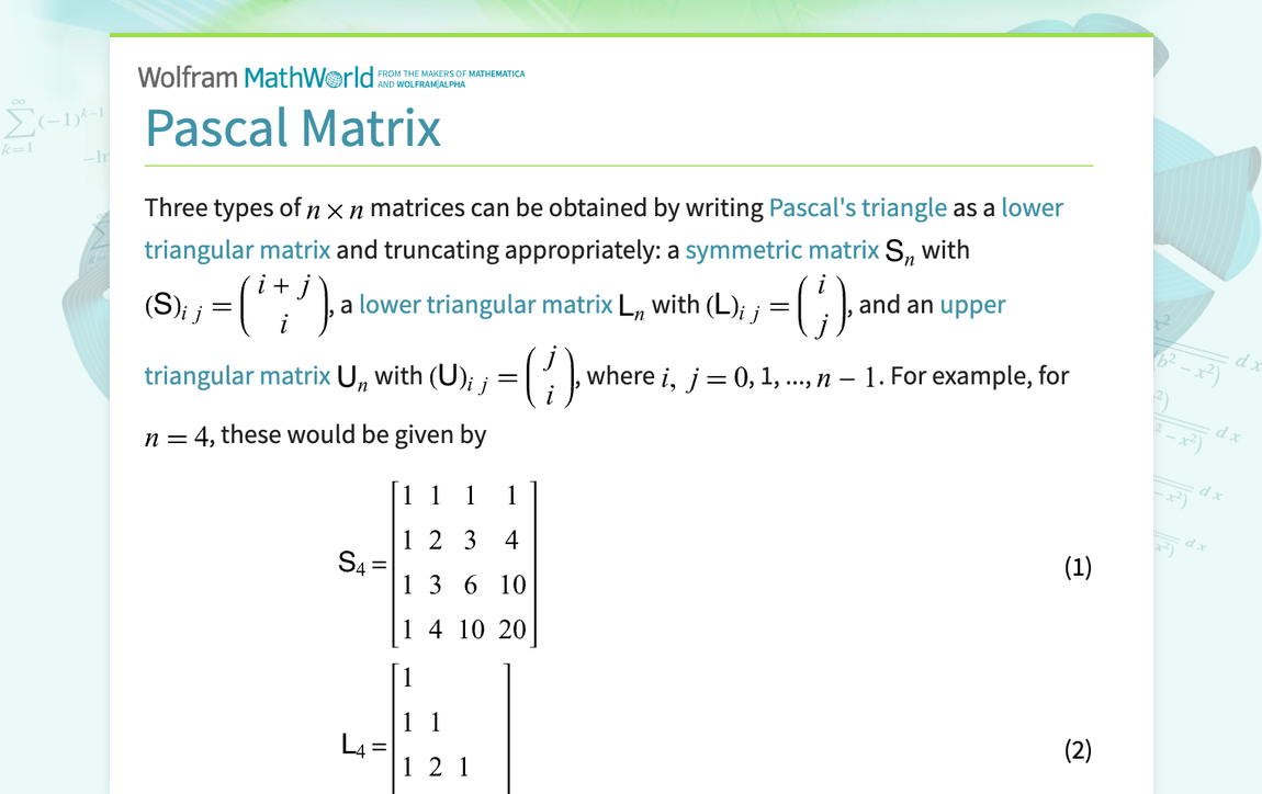 Pascal Matrix From Wolfram Mathworld