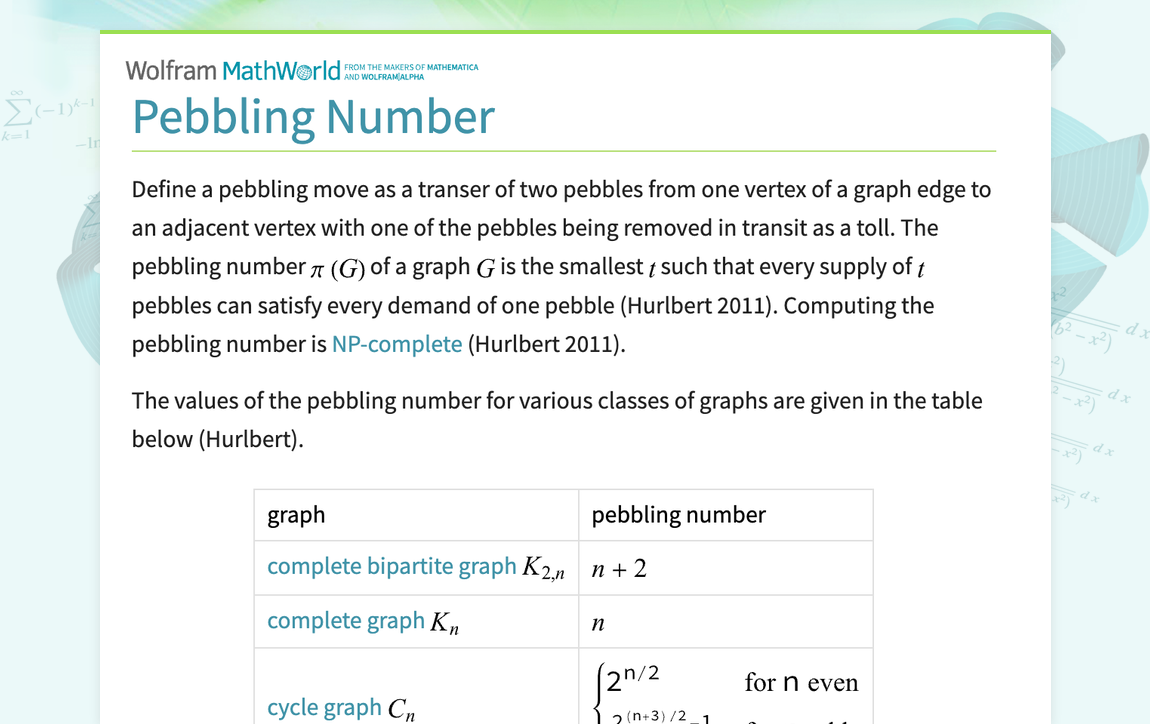 Pebbling Number -- from Wolfram MathWorld