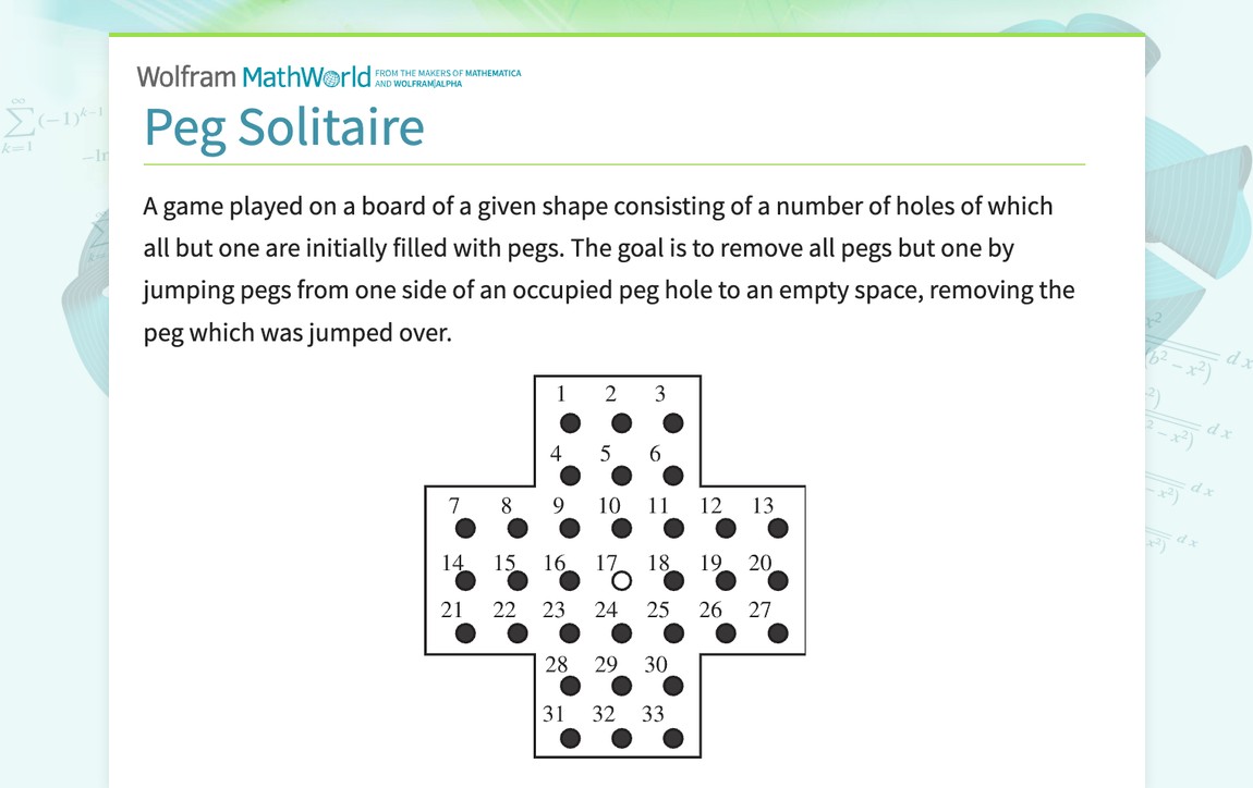 Peg Solitaire -- from Wolfram MathWorld