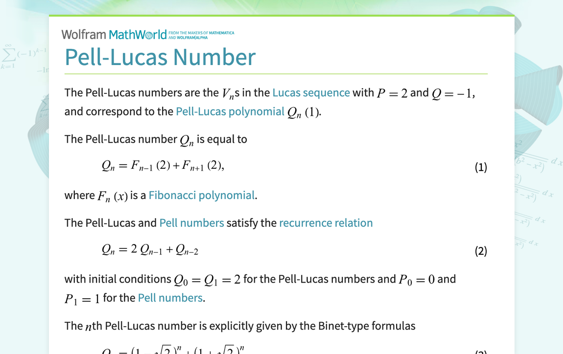 Pell-Lucas Number -- from Wolfram MathWorld