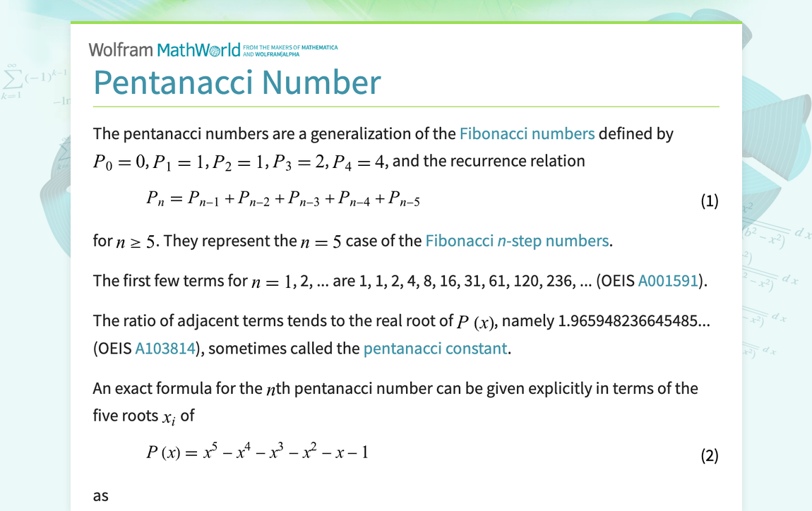 Pentanacci Number -- from Wolfram MathWorld