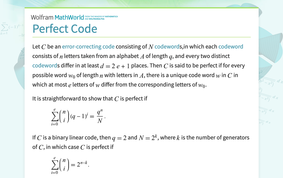 Perfect Code -- from Wolfram MathWorld