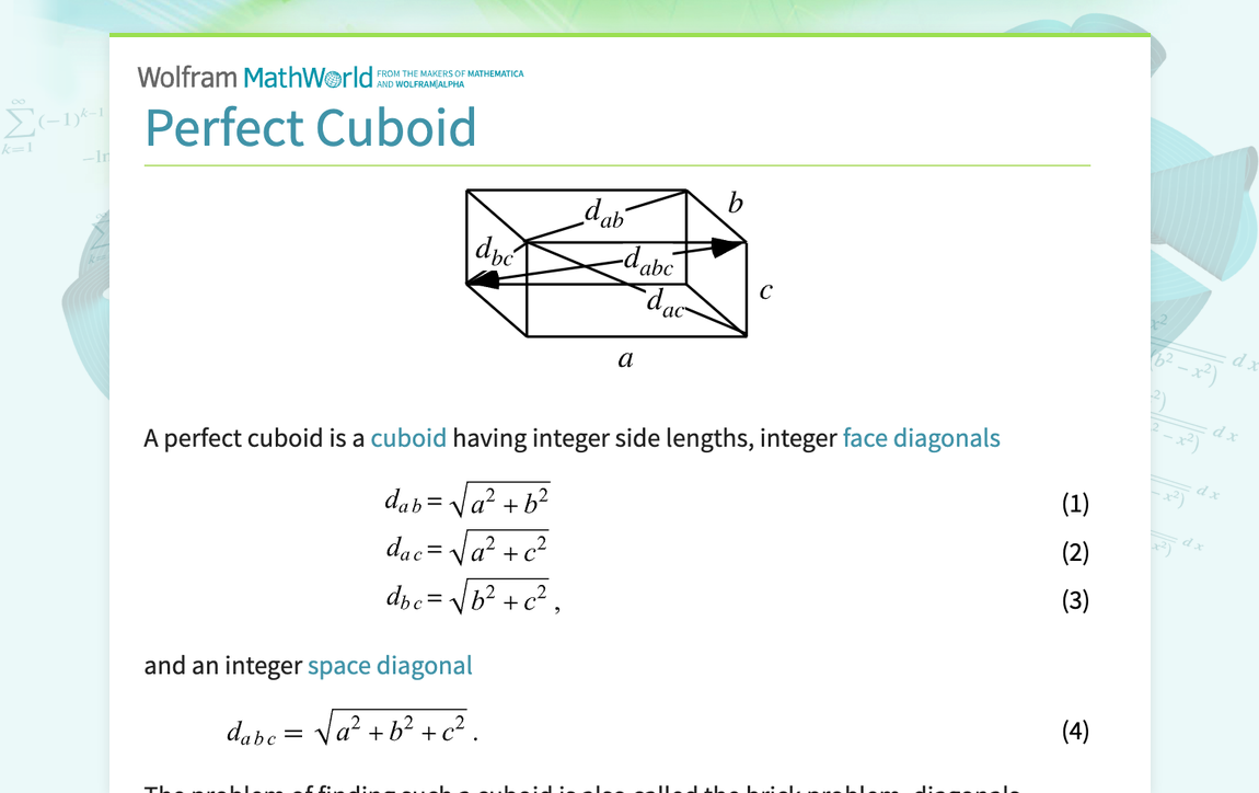 Perfect Cuboid -- from Wolfram MathWorld