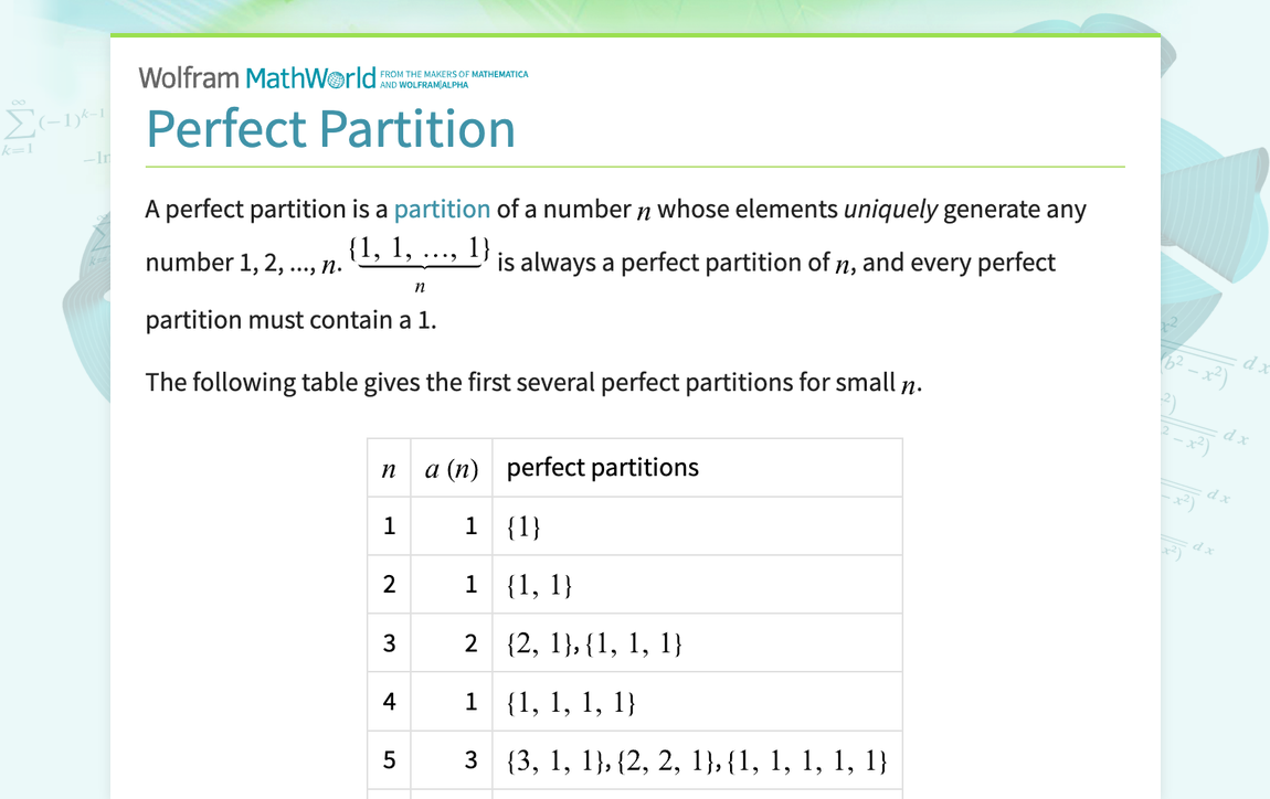Perfect Partition -- from Wolfram MathWorld