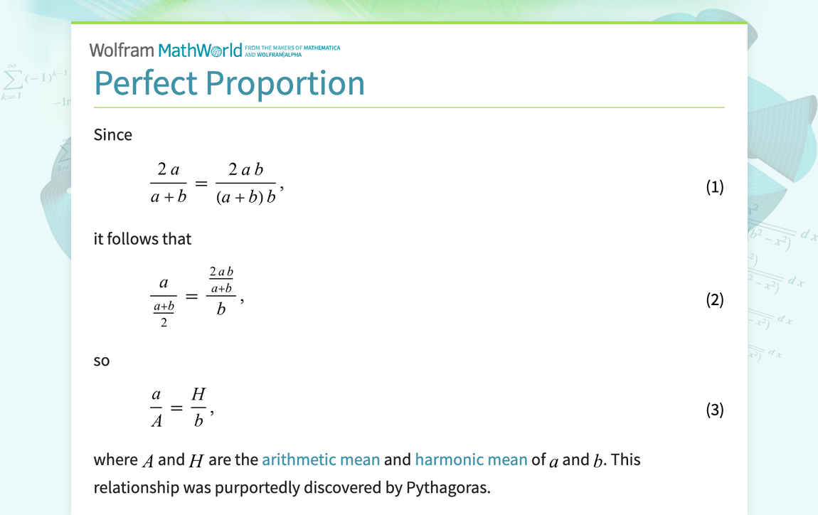 Perfect Proportion -- from Wolfram MathWorld