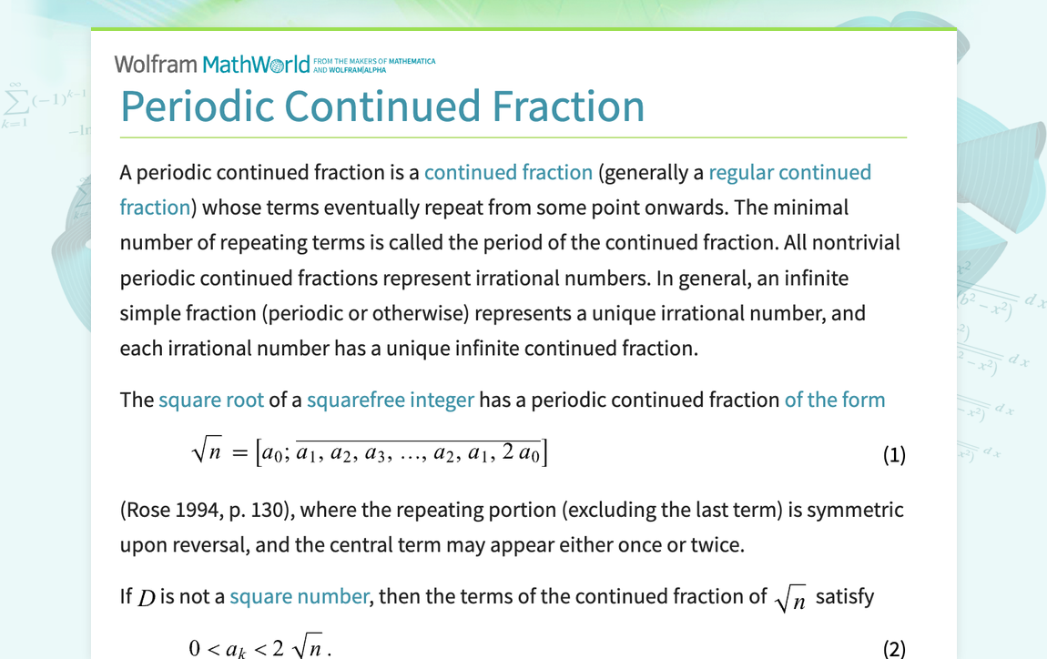 Periodic Continued Fraction -- from Wolfram MathWorld