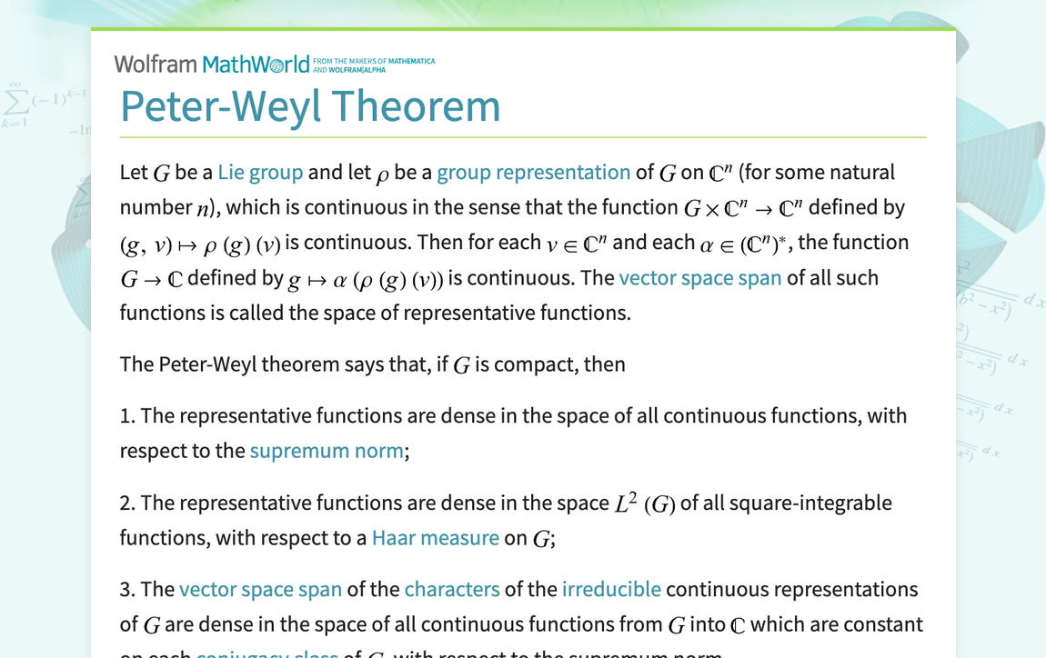 Peter-Weyl Theorem -- from Wolfram MathWorld