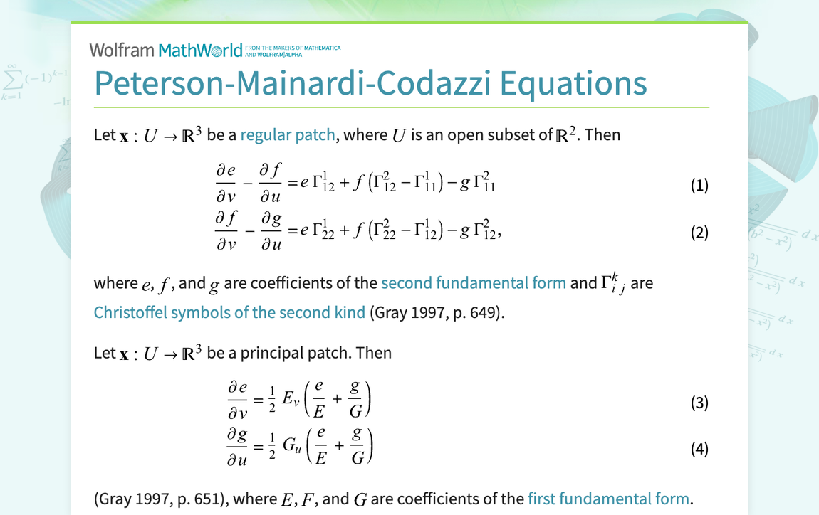 Peterson-Mainardi-Codazzi Equations -- from Wolfram MathWorld