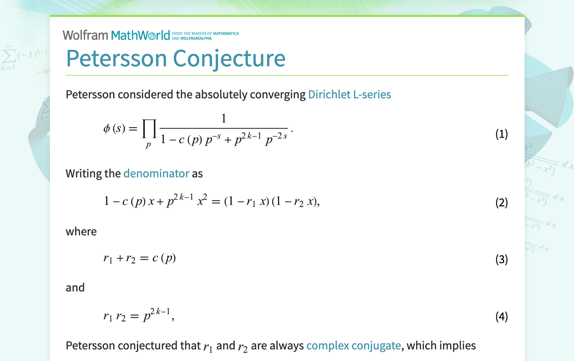 Petersson Conjecture -- from Wolfram MathWorld