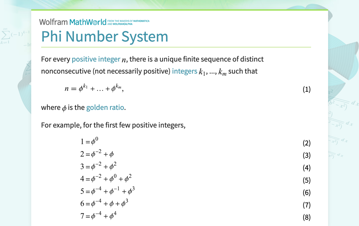 Phi Number System -- from Wolfram MathWorld