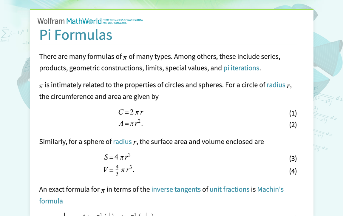 Pi Formulas -- from Wolfram MathWorld