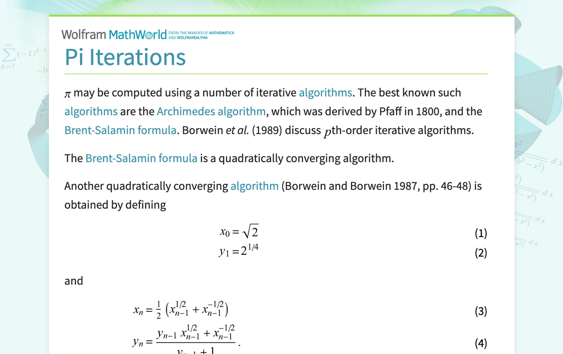Pi Iterations -- from Wolfram MathWorld