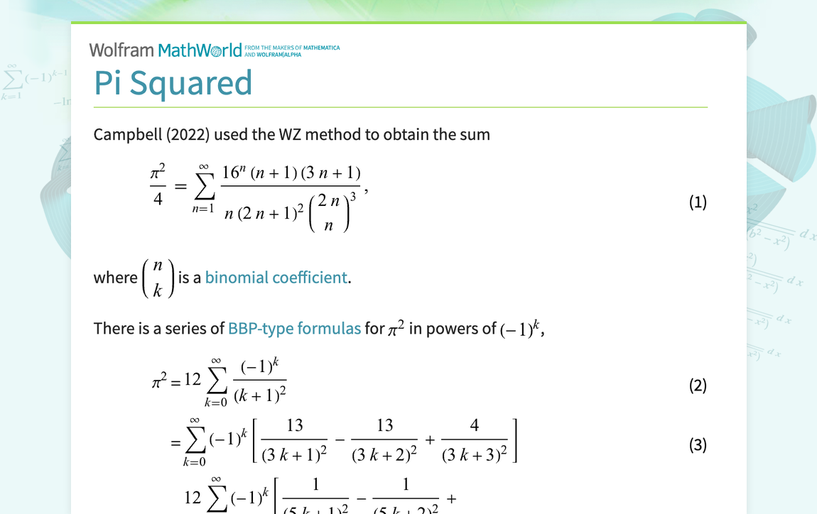 Pi Squared -- from Wolfram MathWorld