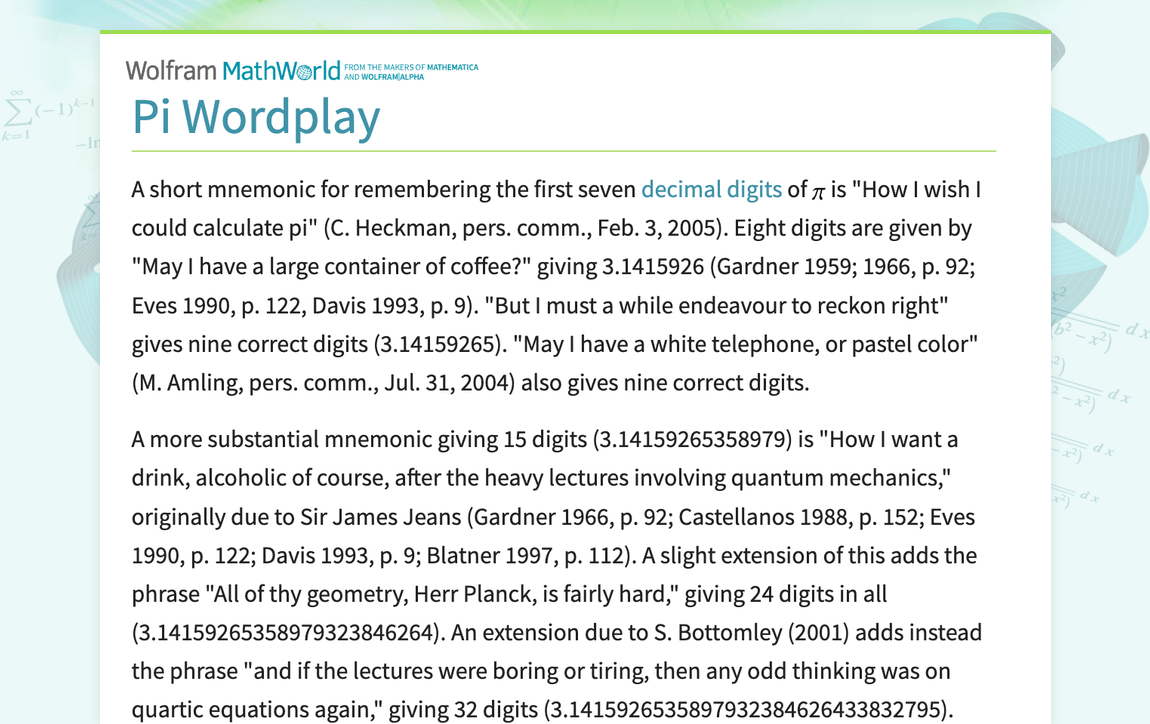 Pi Wordplay -- from Wolfram MathWorld