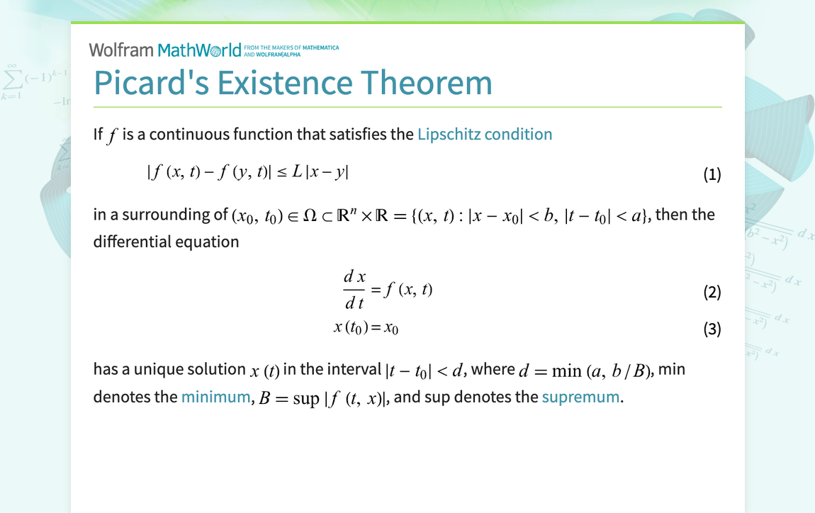 Picards Existence Theorem From Wolfram Mathworld