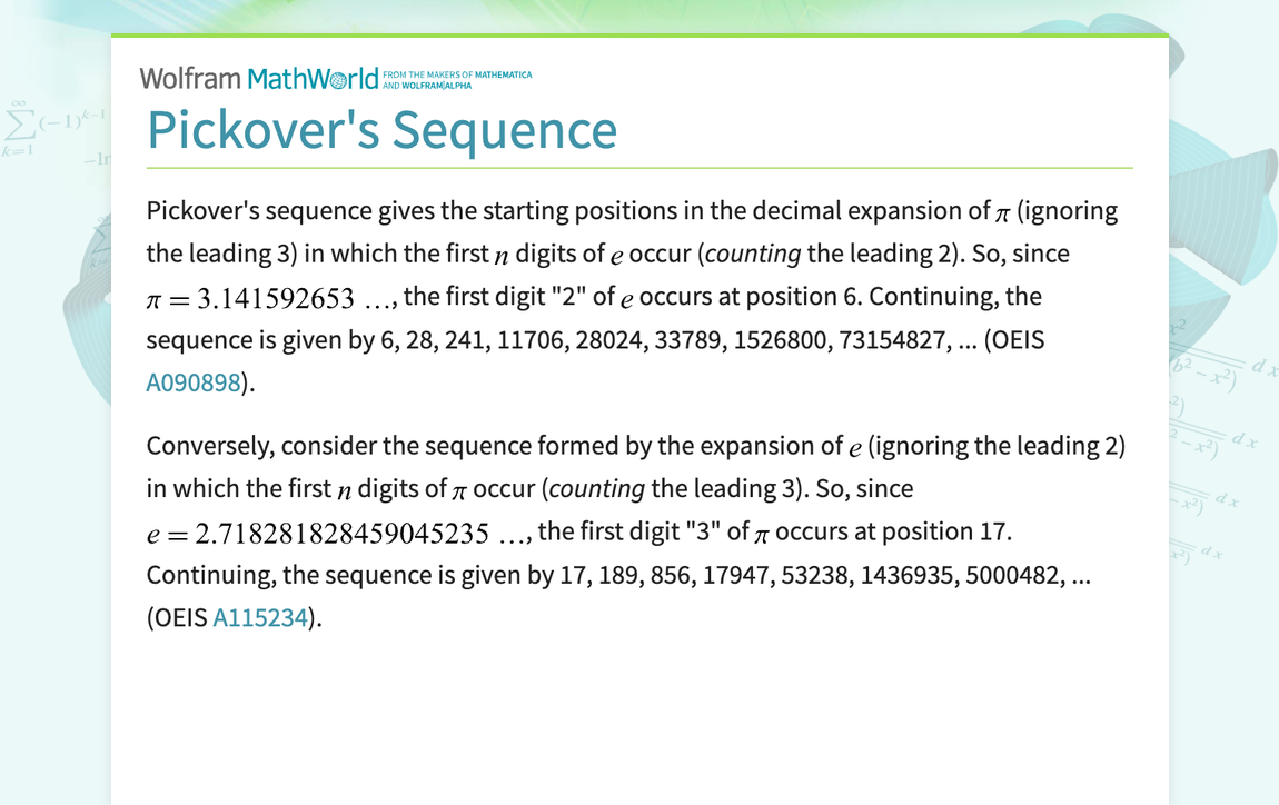 Pickover's Sequence -- from Wolfram MathWorld