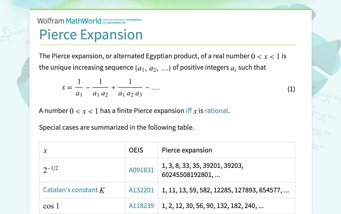 Pierce Expansion -- from Wolfram MathWorld