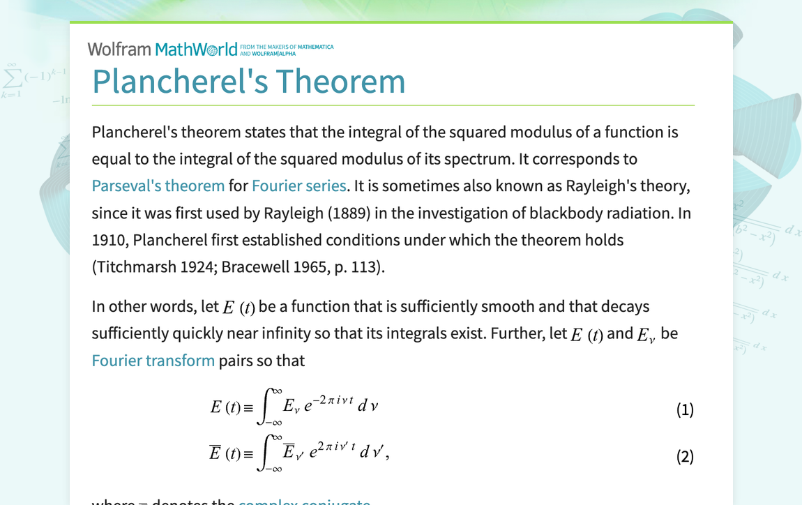 Plancherel's Theorem -- from Wolfram MathWorld