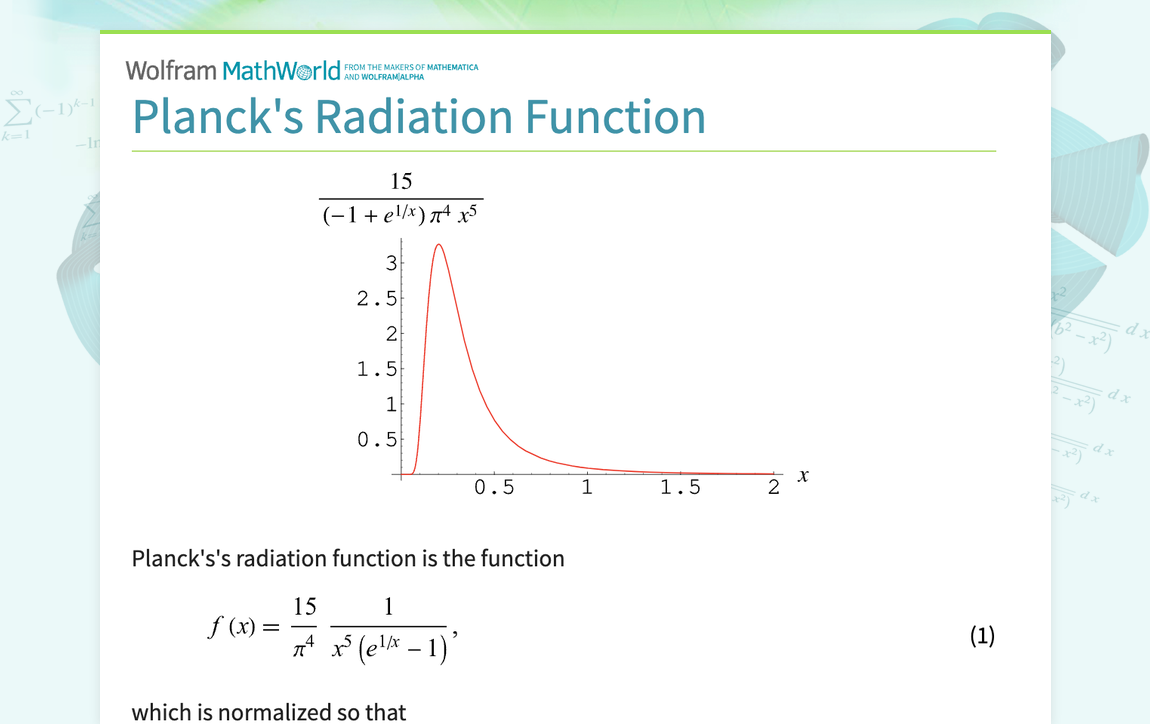 Planck's Radiation Function -- from Wolfram MathWorld