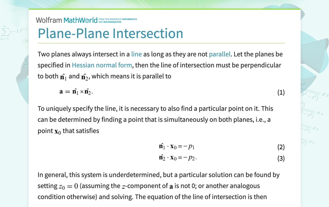 Plane Plane Intersection From Wolfram Mathworld