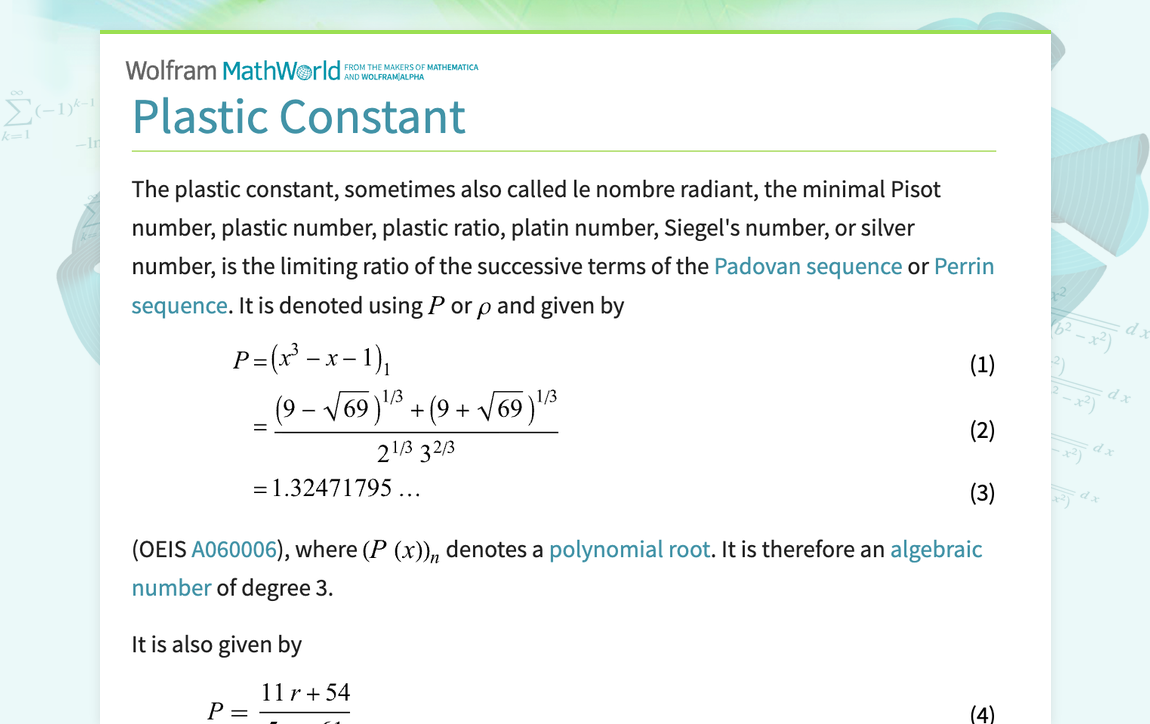 Plastic Constant -- from Wolfram MathWorld
