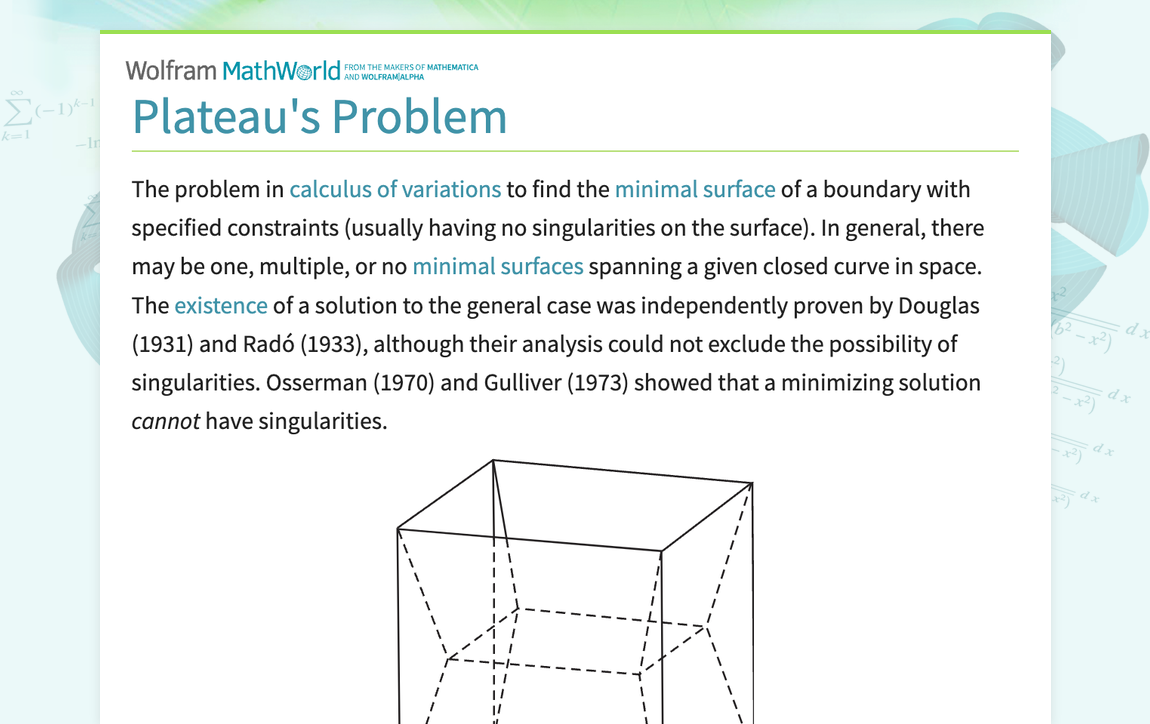 Plateau's Problem -- from Wolfram MathWorld