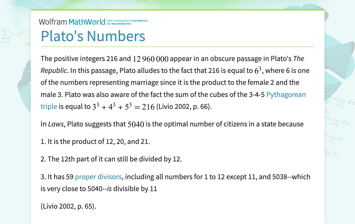 Plato's Numbers -- from Wolfram MathWorld