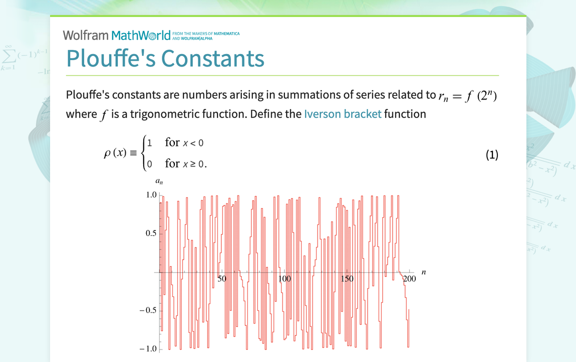 Plouffe's Constants -- from Wolfram MathWorld
